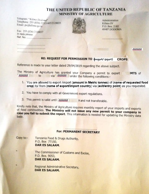 food crop export permit