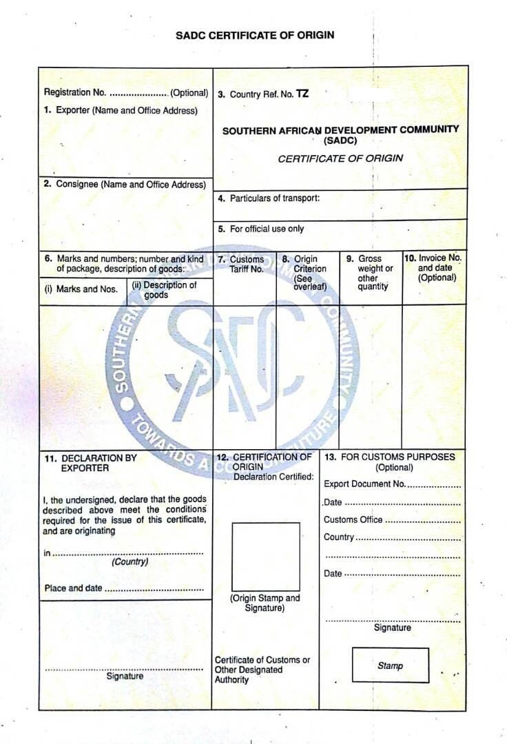 blank certificate of origin sadc